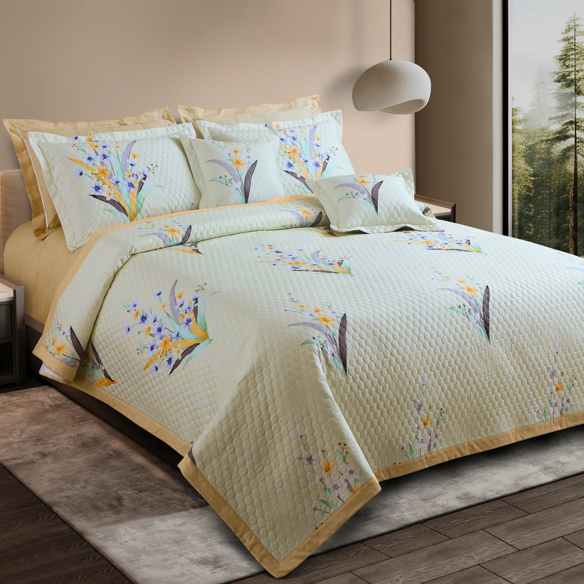 Tea Green Botanical Bedspread, King 100% Cotton Quilted Bed Cover – MALAKO